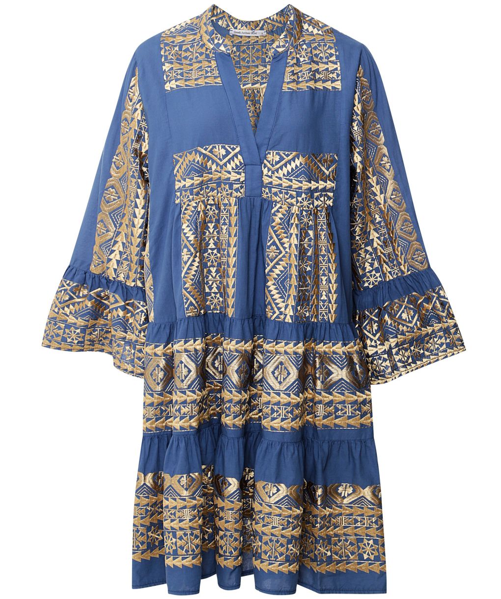Greek Archaic Kori Linen Embroidered Mini Dress | Jules B