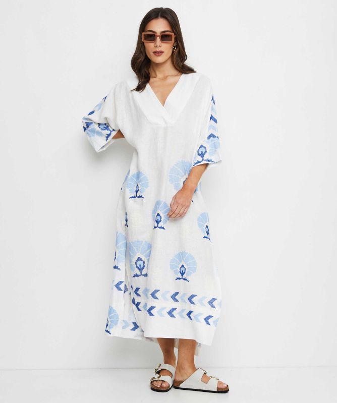 Greek Archaic Kori Linen V-Neck Kaftan Dress
