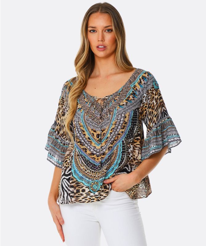 Inoa Brown Savannah Silk Boho Top | Jules B