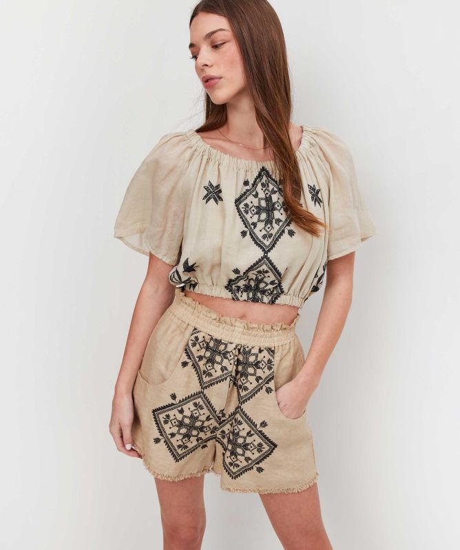 Greek Archaic Kori Linen Lefkada Crop Top