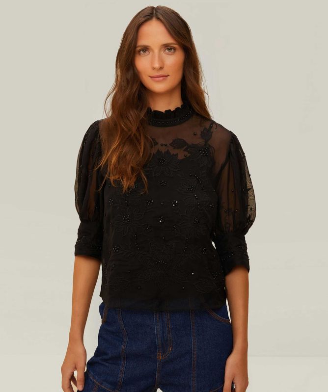 Farm Rio Short Sleeve Embroidered Blouse