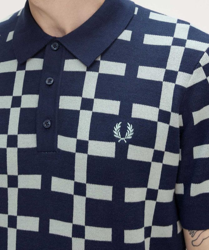 Fred Perry Blue Geometric Jacquard Knit Polo Shirt