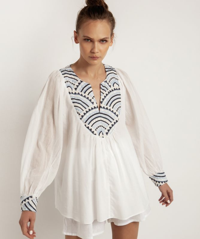 Greek Archaic Kori Embroidered Cotton Blouse