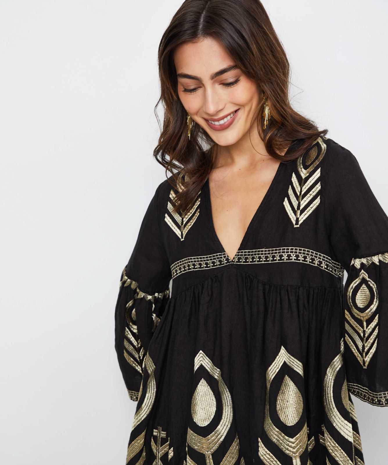 Greek Archaic Kori Feather Embroidered Mini Dress