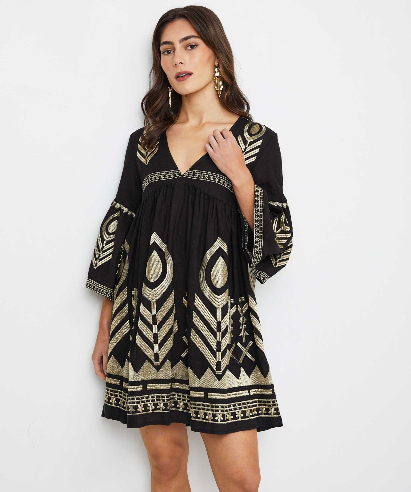 Greek Archaic Kori Feather Embroidered Mini Dress